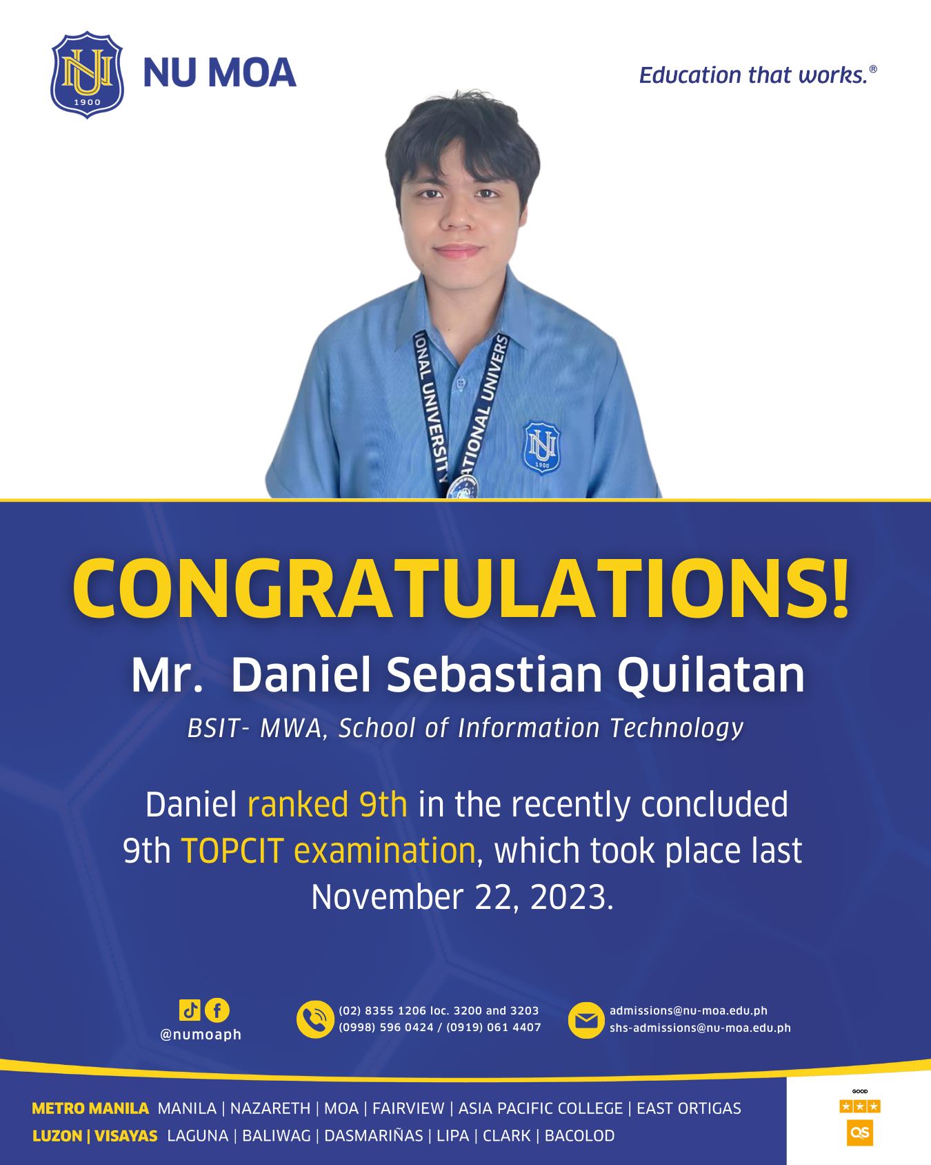 Daniel Sebastian Quilatan, NU MOA BSIT-MWA Student Ranked 9TH in the TOPCIT Philippines ...
